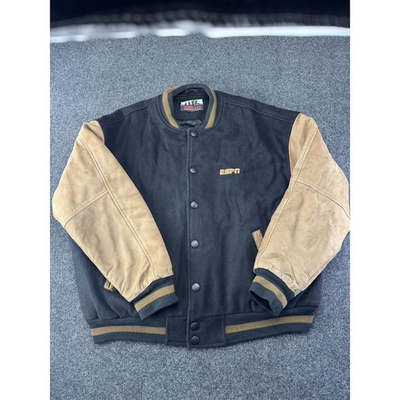 Black | Jackets & Coats | Vtg Espn Varsity Jacket 2xl Black Tan Leather ...
